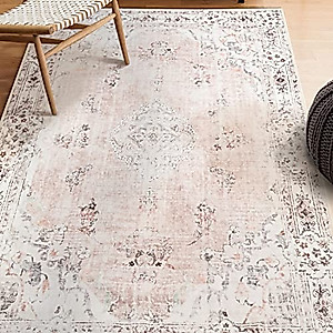 MUJOO Boho Area Rug 3'x5' Machine Washable Area Rugs Pink Small Area Rugs Non Slip for Entryway Bedroom Bedside Kitchen Hallway Living Room Laundry Room Persian Indoor Mat Soft Low-Pile Floral.