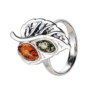 HolidayGiftShops Sterling Silver and Baltic Amber Leaf Adult Ring- Size 8