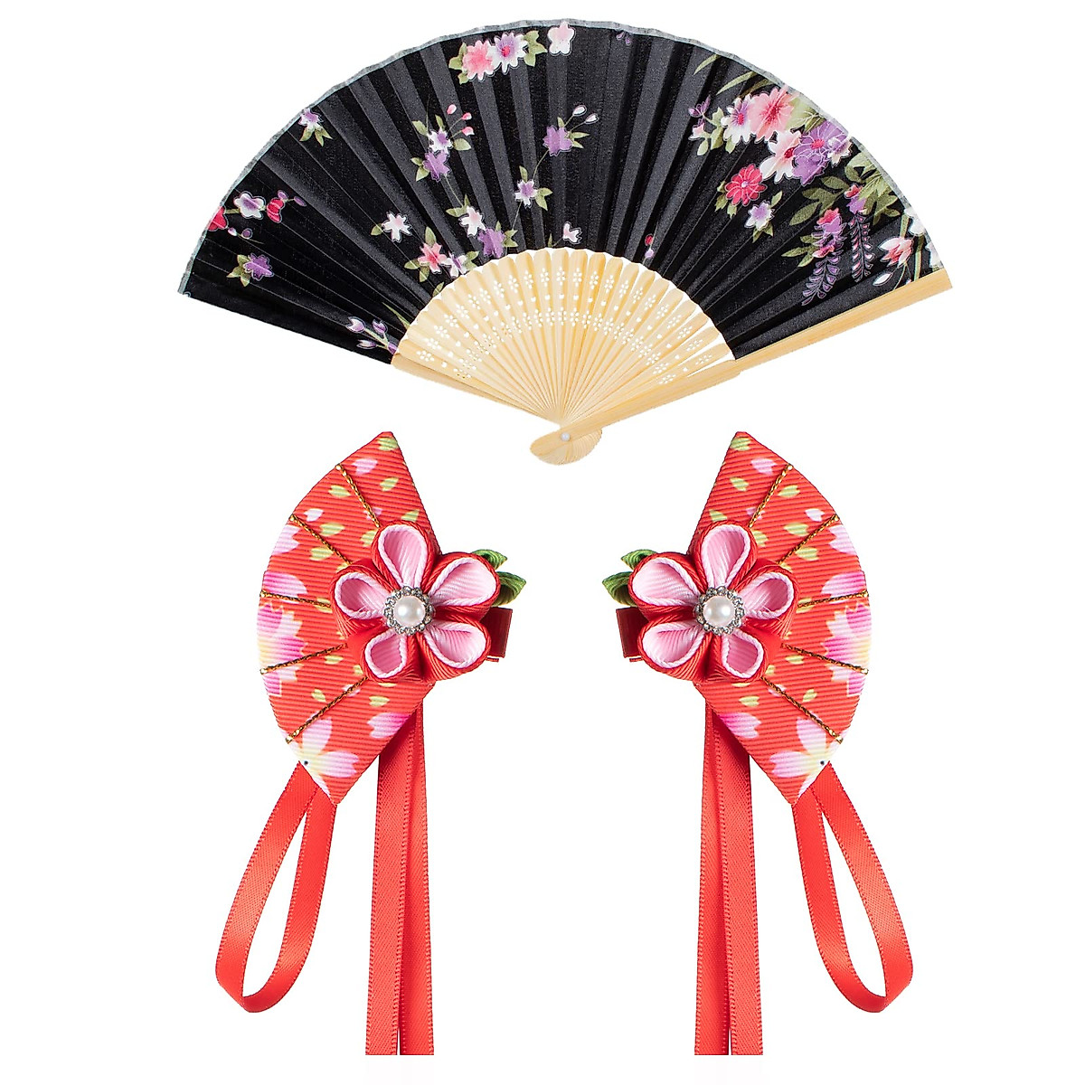 Japanese Traditional Dress Kimono Robe for Kids Girls Costume Silk Folding Fans hairstick Set(Black150cm)