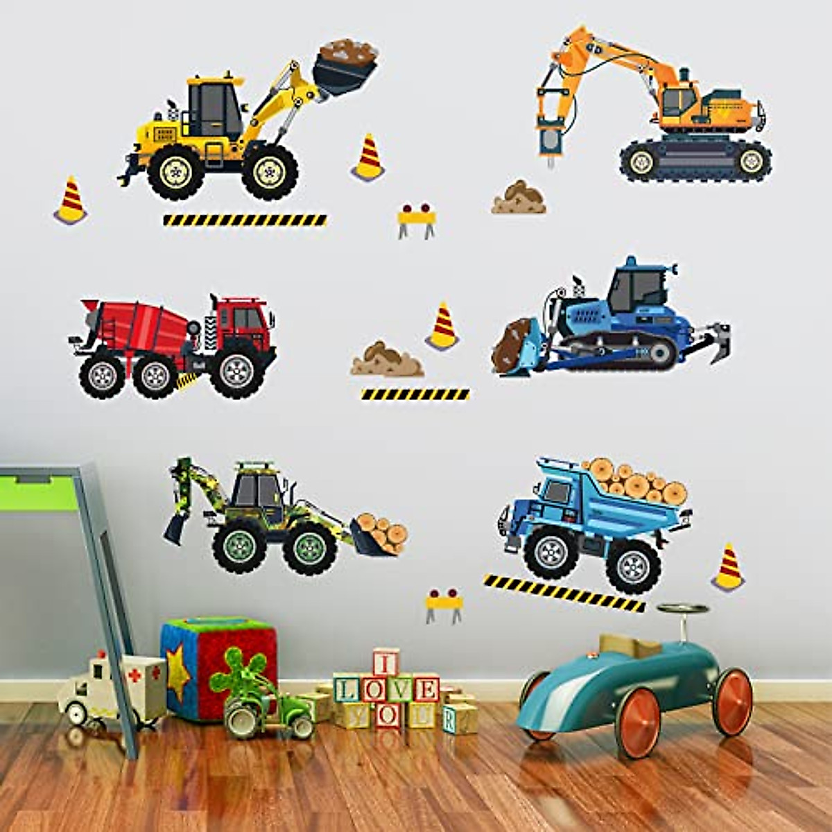 decalmile Construction Vehicles Wall Stickers Trucks Excavator Tractor Wall Decals Kids Bedroom Boys Room Playroom Wall Decor