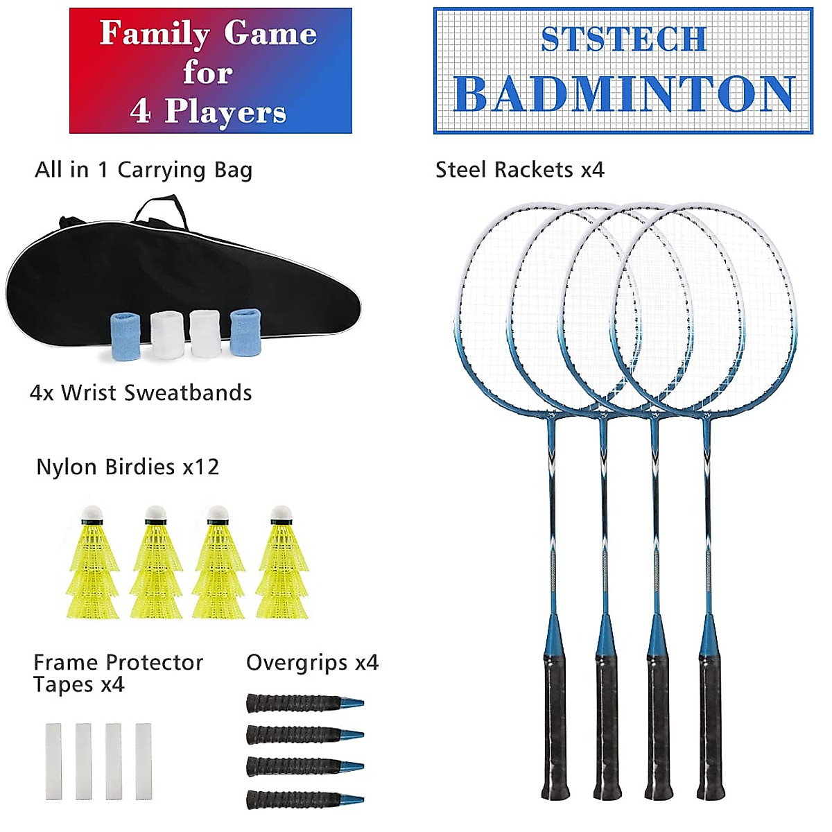 STSTECH Badminton Rackets Set of 4 for Backyard Sports Adults Kids Family Racquets Game with 12 Shuttlecocks,4 Replacement Grips,4 Wristbands and Carrying Bag (Blue -A,Set of 4)