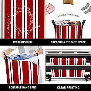 Waterproof Foldable Laundry Hamper with Handles Nautical Blue Red White Striped Round Dirty Clothes Laundry Basket Storage Bin Organizer for Toy Collection