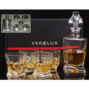 Whiskey Gifts for Men, Whiskey Decanter Set with 4 Glasses in Gift Box by Verolux | Elegant Twisted Design with Glass Stopper - Liquor, Bourbon, Brandy, Gin, Rum, Tequila, Vodka, Cognac