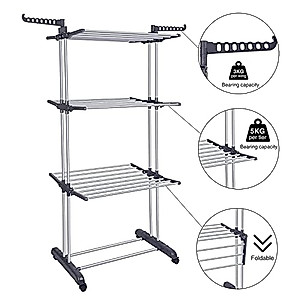 Voil 3 Tier Clothes Drying Rack Clothes Airer,Foldable Laundry Outdoor Indoor Heavy Duty Clothing Horse Garment Dryer Stand on Wheel