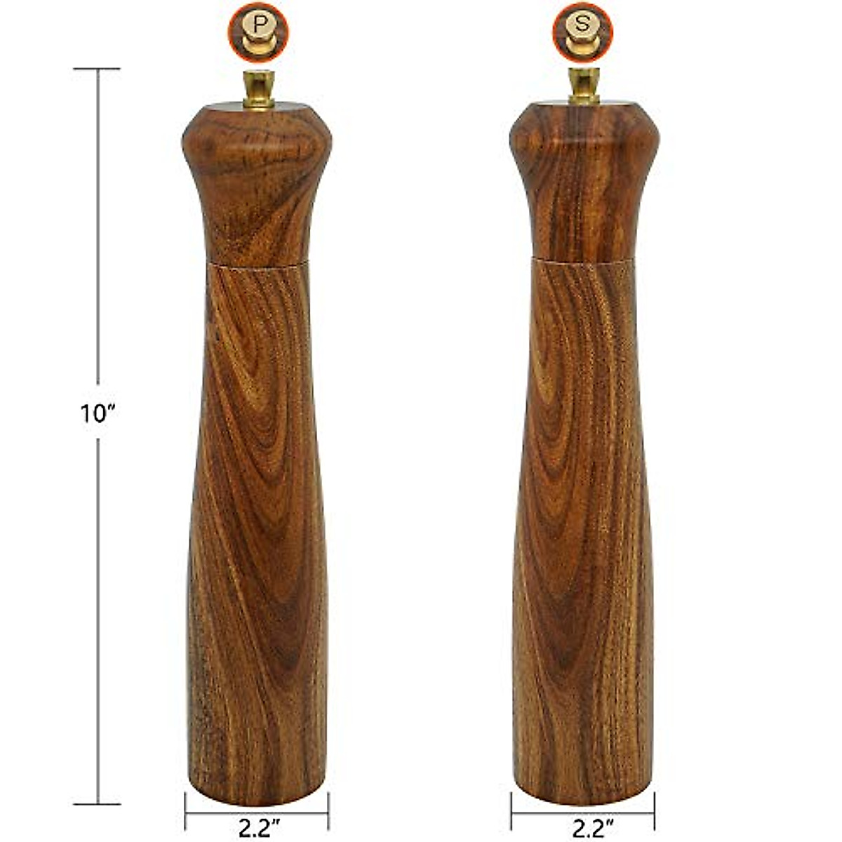 Wooden Salt and Pepper Grinder set, Acacia Wood salt and pepper grinders refillable,pepper mill with Adjustable Coarseness,salt and pepper grinders shaker Tableware Gifts 10" 2PC