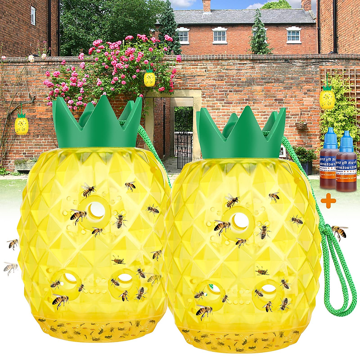 Wasp Traps Outdoor Hanging, Bee Traps Repellent Yellow Jacket Catchers Killer for Outside, Hornet Wasp Trap Non-Toxic Reusable Hanging Traps Pineapple Shape - 2 Pack