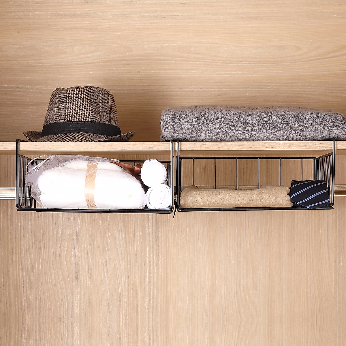 SUFAUY 2-Pack Under Cabinet Shelf Basket Organizer, Metal Wire Rack Hanging Storage Baskets Holds up to 22lbs for Kitchen Pantry or Refrigerator, Silver