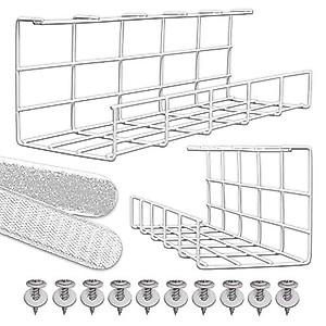Under Desk Cable Management Tray - Under Desk Cable Organizer for Wire Management. Super Sturdy Desk Cable Tray. Perfect Standing Desk Cable Management Rack (White Wire Tray - Set of 2X 16'')