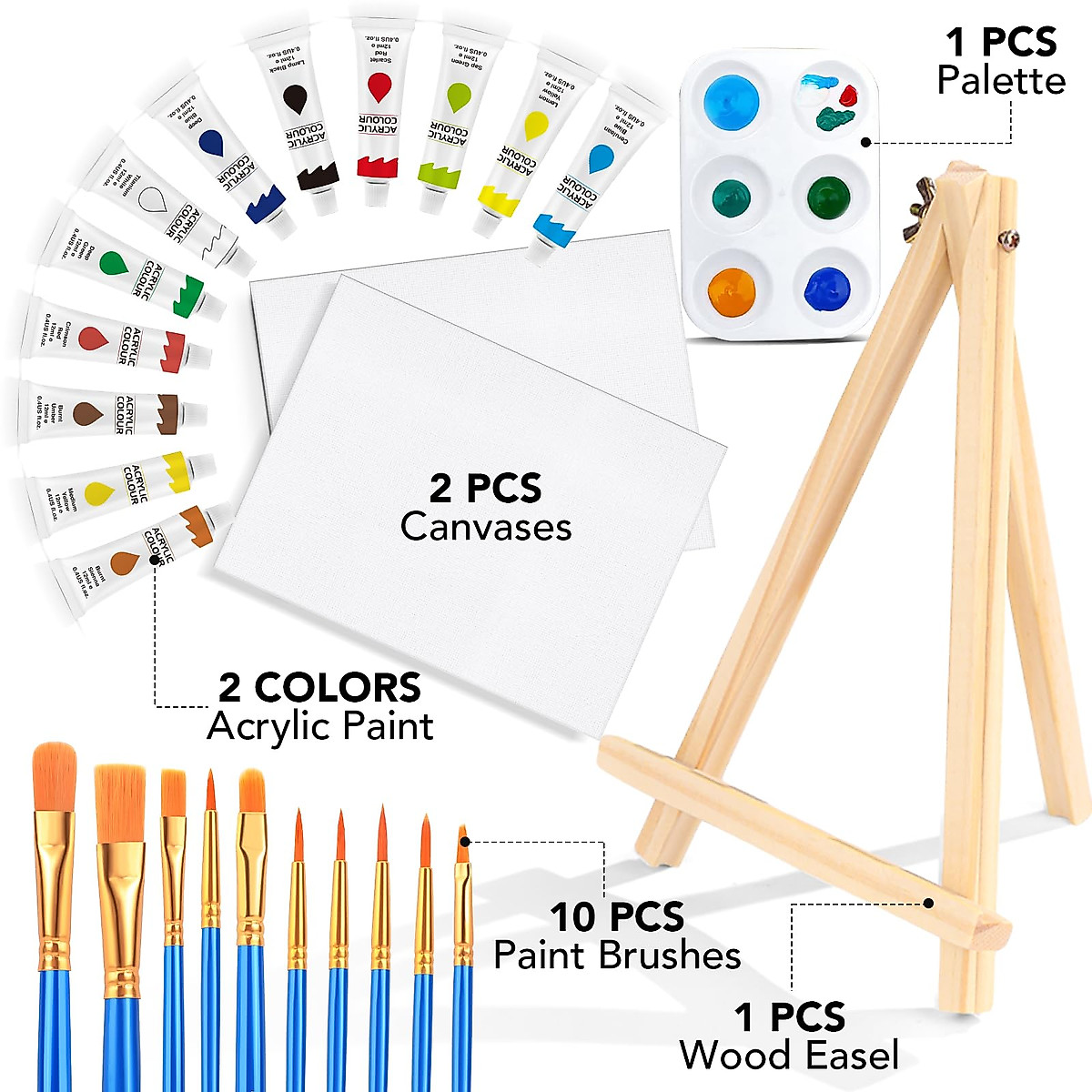 ESRICH 26PCS Acrylic Paint Set with 12Colors Acrylic Paints (12ml, 0.4 oz), 10 Paint Brushes, 2Canvas, 1 Wood Easel, 1 Plate, Painting Supplies Kits for Kids, Adults, Artists and Beginners