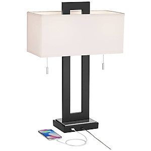 360 Lighting Neil Modern Rustic Table Lamp 26" High with USB Charging Port Black Open Metal White Fabric Rectangular Shade for Bedroom Living Room House Home Bedside Nightstand Office Family