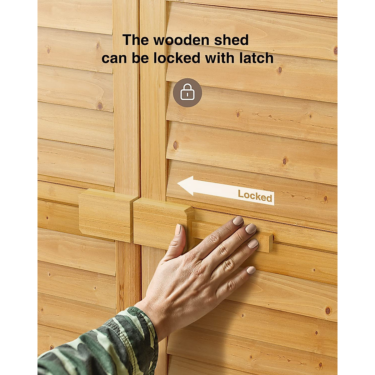 63.2" Outdoor Storage Cabinet with 3 Detachable Shelves, Lockable Wooden Garden Shed with Asphalt Roof, Vertical Tool Storage Shed for Backyard Patio Lawn Deck