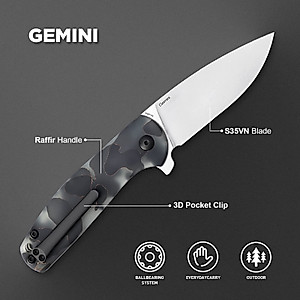 Kizer Folding Pocket Knife, 3.11 Inches S35VN Steel Blade Raffir Handle EDC Knife, Assisted Folder Opening with Flipper, Utility Knife for Men Women, Gemini Ki3471A2