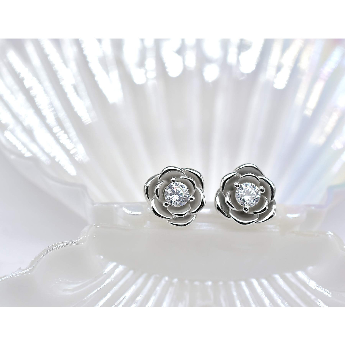 Rose Flower Stud Earrings for Sterling Silver with Gold Plated Hypoallergenic Jewelry Cubic Zirconia Studs Earring, Birthday Gifts for Women(White)