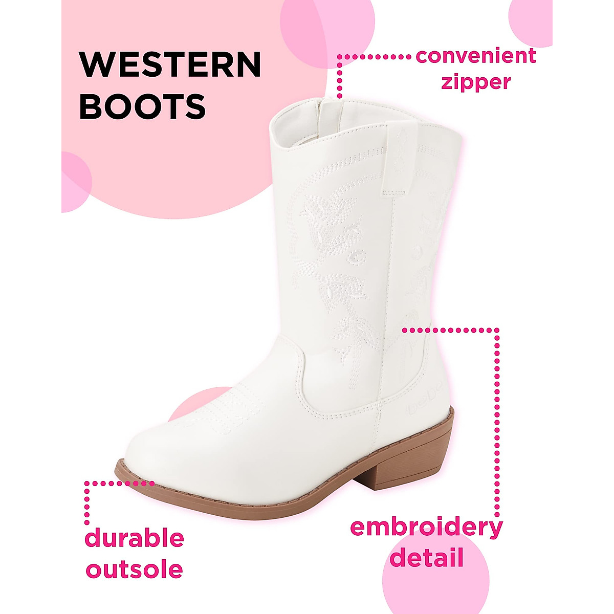 bebe Girls' Cowgirl Boots - Classic Western Cowboy Boots - Mid Calf Boots for Toddlers, Little Girls, and Big Girls, Size 2 Little Kid, White