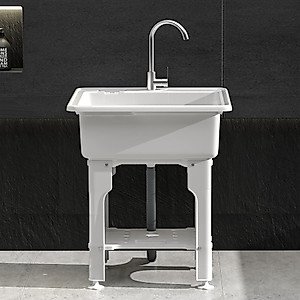 Freestanding Plastic Laundry Sink with Washboard, W25.4" x D22" x H31.5" Indoor and Outdoor Utility Sink with Cold and Hot Water Faucet, Hoses and Drain Kit for Laundry Room, Garage, Basement, Garden