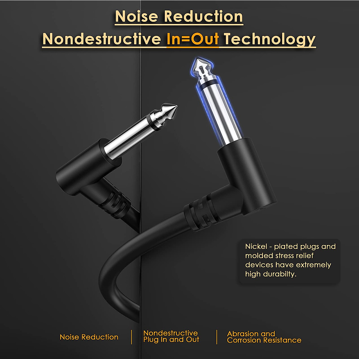 Sovvid 12 Inch 6 Pack Guitar Patch Cables, Black Guitar Pedal Cable Effect Cable Cord, 1/4" inch TS Guitar Patch Cable Right Angle