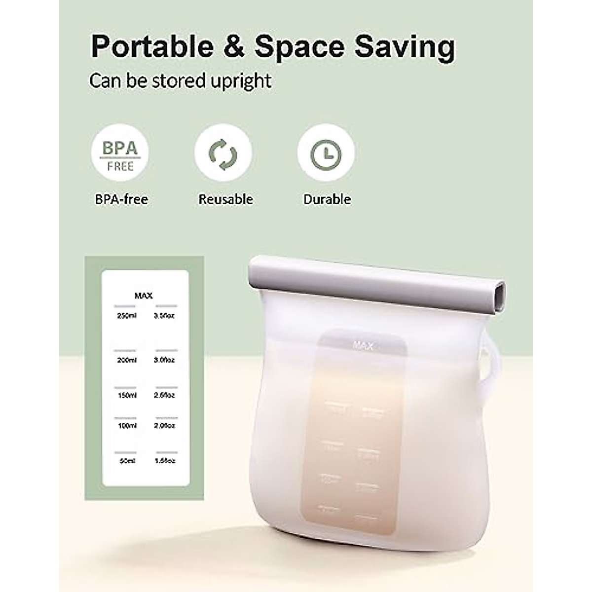 Lictin 5PCS Silicone Breastmilk Storage Bags, 8.5oz/250ml Reusable Breast Milk Storage Container, BPA-Free Self-Standing Milk Storing Bags for Breastfeeding, Leak-Proof Baby Food Storage Containers