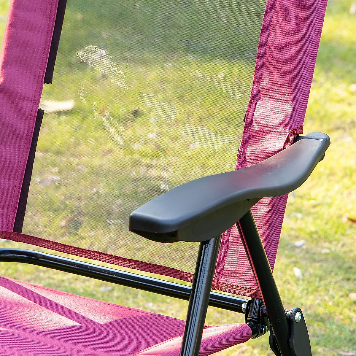 Outsunny Folding Patio Chairs Set of 2, Outdoor Deck Chair with Adjustable Sling Back, Camping Chair with Removable Headrest for Garden, Backyard, Lawn, Red