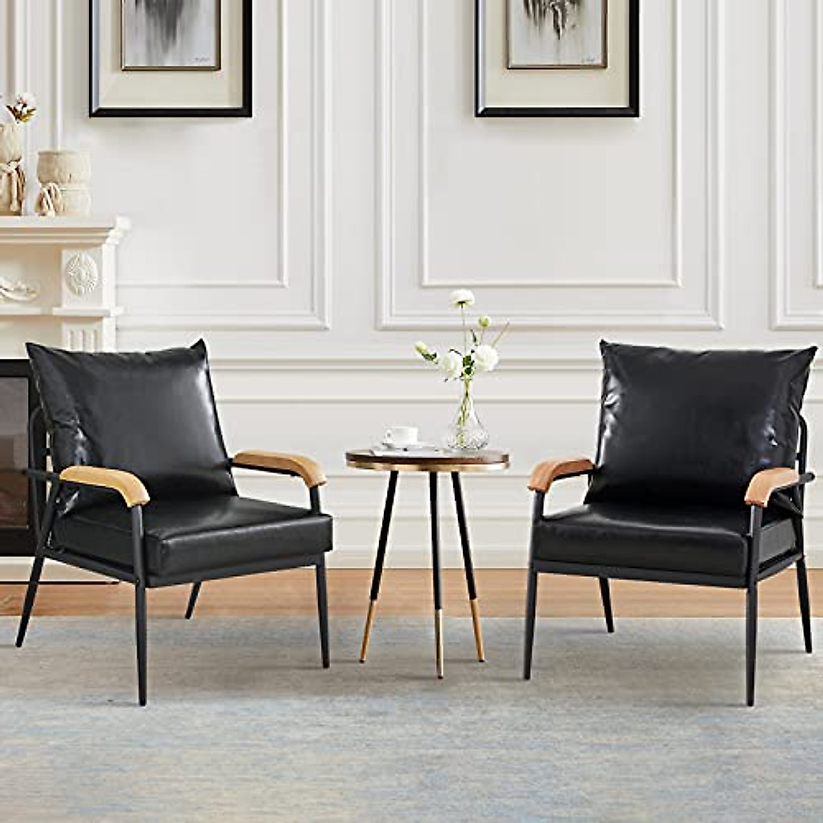 TUKAILAi PU Leather Single Sofa Couch, Modern Accent Chair with Solid Wood Armrest and Sturdy Metal Frame, Upholstered Lounge Chair Armchair for Living Room Bedroom Guest Reception (Black)