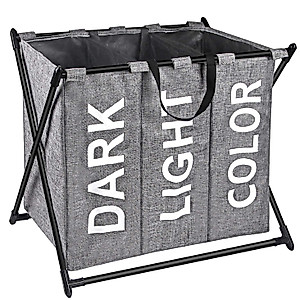 X-cosrack 180L Laundry Hamper 3 Sections Laundry Sorter, Foldable & Collapsible 3 Bin Laundry Hamper with Handles, Waterproof Lining Laundry Organizer for Dirty Clothes & Kid's Puppets, Black, Grey
