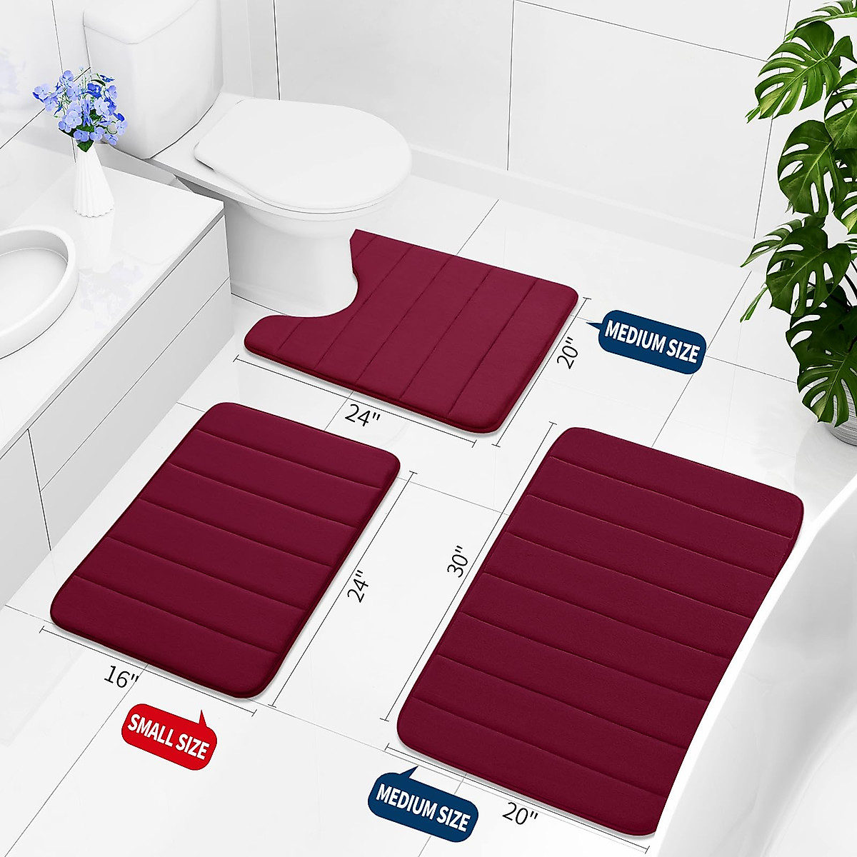 Buganda Memory Foam 3 Pieces Bathroom Rugs Set - Thick Soft Absorbent Non-Slip Bath Mats, Washable Small/Large/Contour Bath Rugs (24" x 16" + 30" x 20" + 24" x 20", Wine Red)