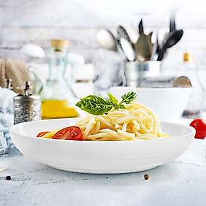 Fasmov Melamine Pasta Bowls, 6 Pack 8 inches 20 Oz Large Salad Serving Bowls, Shallow Salad Bowls, Plastic Dinner Deep Plates, Dishwasher Safe, White