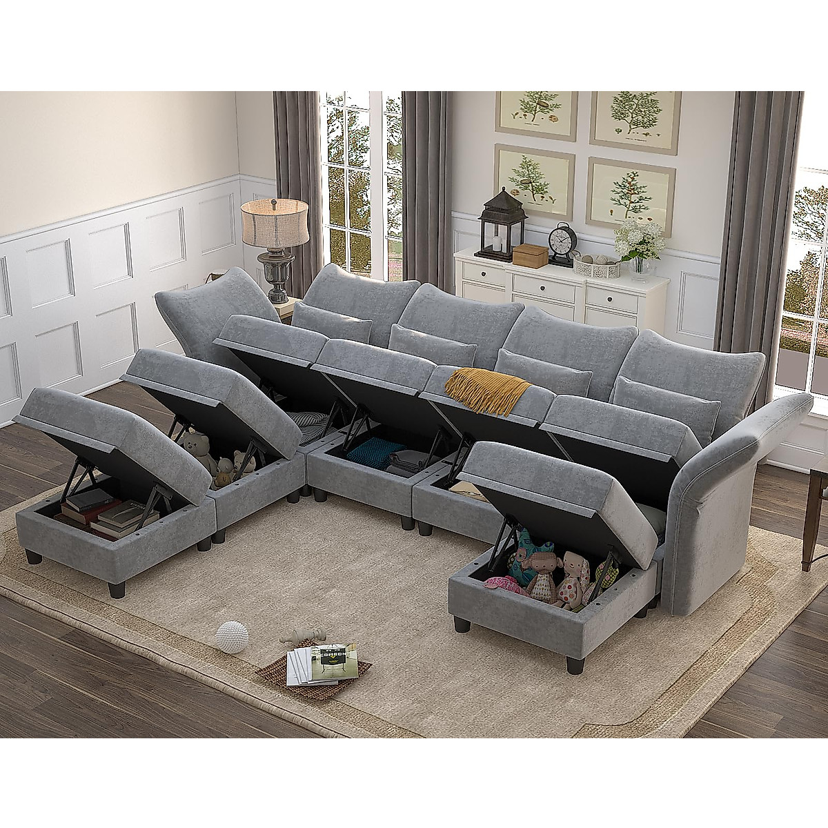 LLappuil Chenille Sectional Couch U Shaped 7 Seater Deep Modular Sectional Sofa with Storage and Adjustable Armrest Backrest, Large Sectional Sleeper Sofa Set, Grey