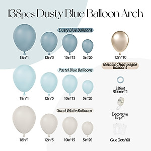 138Pcs Dusty Blue Balloons Arch Garland Kit, Dusty Baby Blue Sand White Metallic Gold Balloons for Bridal Shower Gender Reveal Birthday Baby Shower Decorations