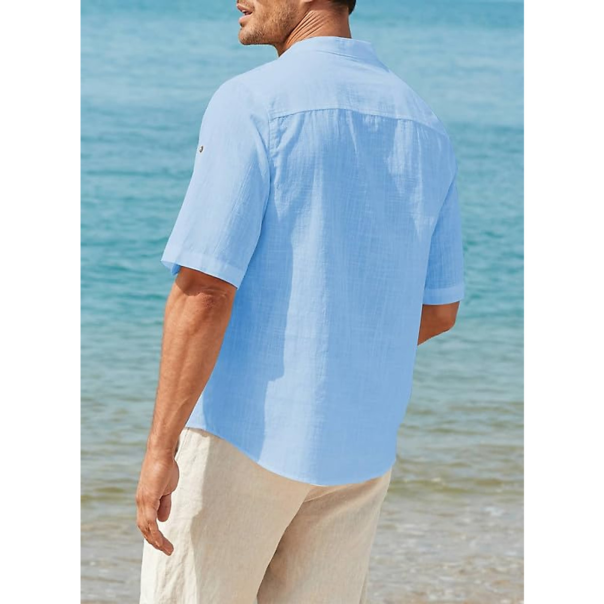 JMIERR Mens Casual Cotton Linen Texture Henley Shirt Short Sleeve Button Down Shirt Summer Beach Tropical Cruise Shirts US 40(M) Sky Blue