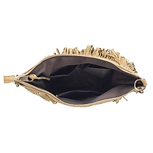 HOXIS Studded Tassel Faux Suede Leather Hobo Cross Body Chain Shoulder Bag Womens Satchel (Khaki)