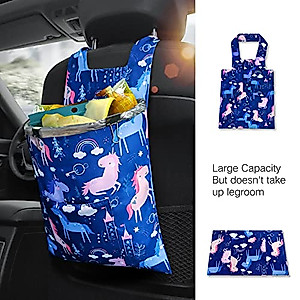 Car Trash Bag Blue, Reusable Vehicle Garbage Organizer Hanging Front Seat Pretty Cute-Unicorn Pattern for Baby Kids, Washable Auto Backseat Litter Rubbish Spill Proof Can with Storage Pocket