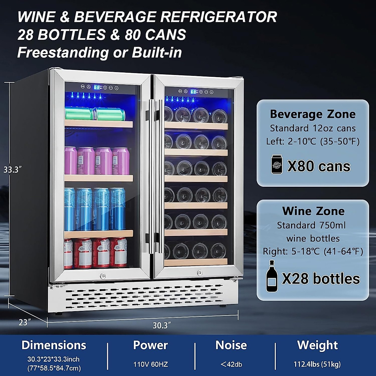 MilleLoom 6.5 cu.ft Wine and Beverage Refrigerator - 28 Bottles and 80 Cans, Dual Zone, Glass Door, Adjustable Shelves, with Lock, Digital Temperature Control, Freestanding/Built-in