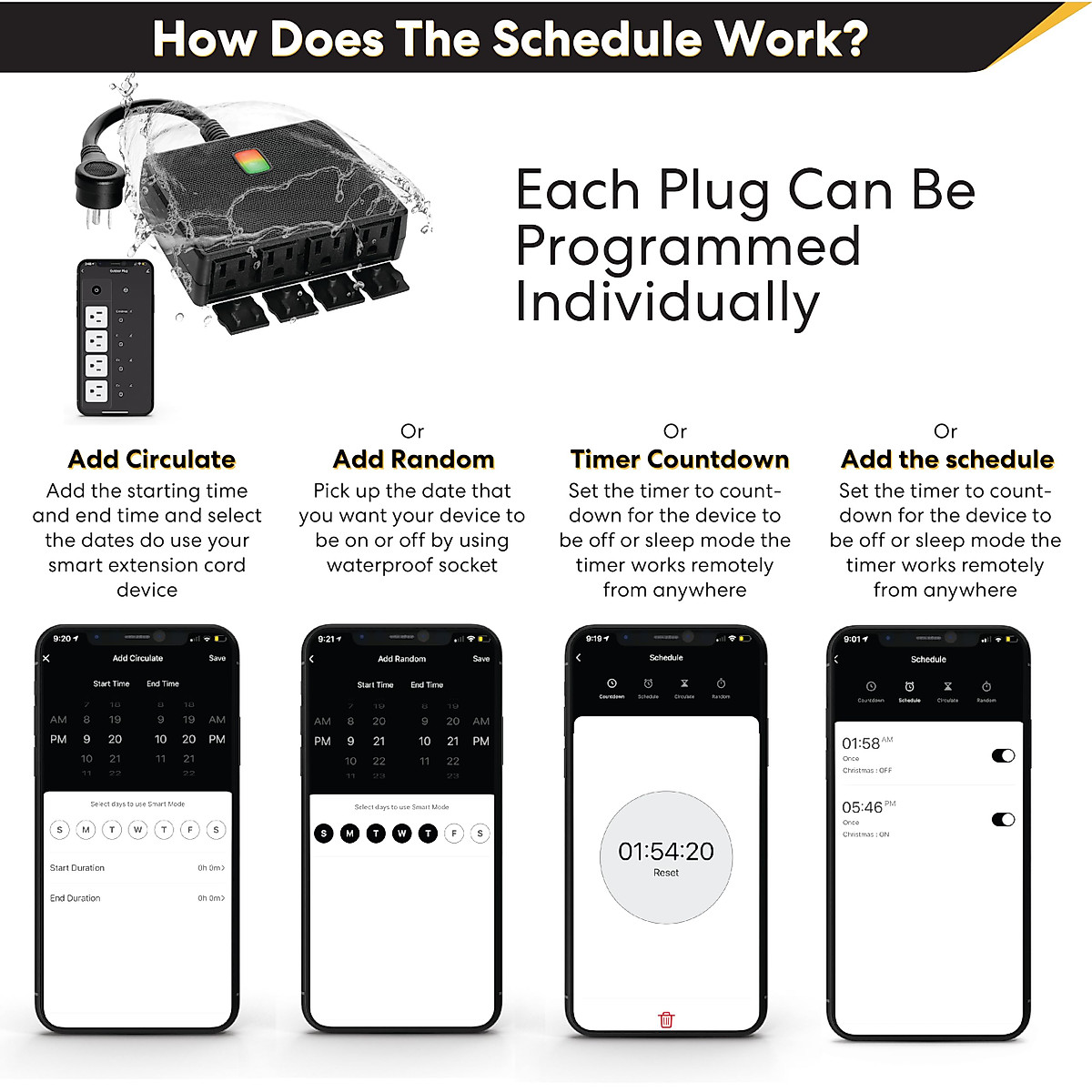Smart Heavy Duty Outdoor WiFi Plug Waterproof Socket, Electrical Power Extension Cord, Outlet Switch and Timer Works Remotely with Alexa, Google Assistant (4 Sockets)