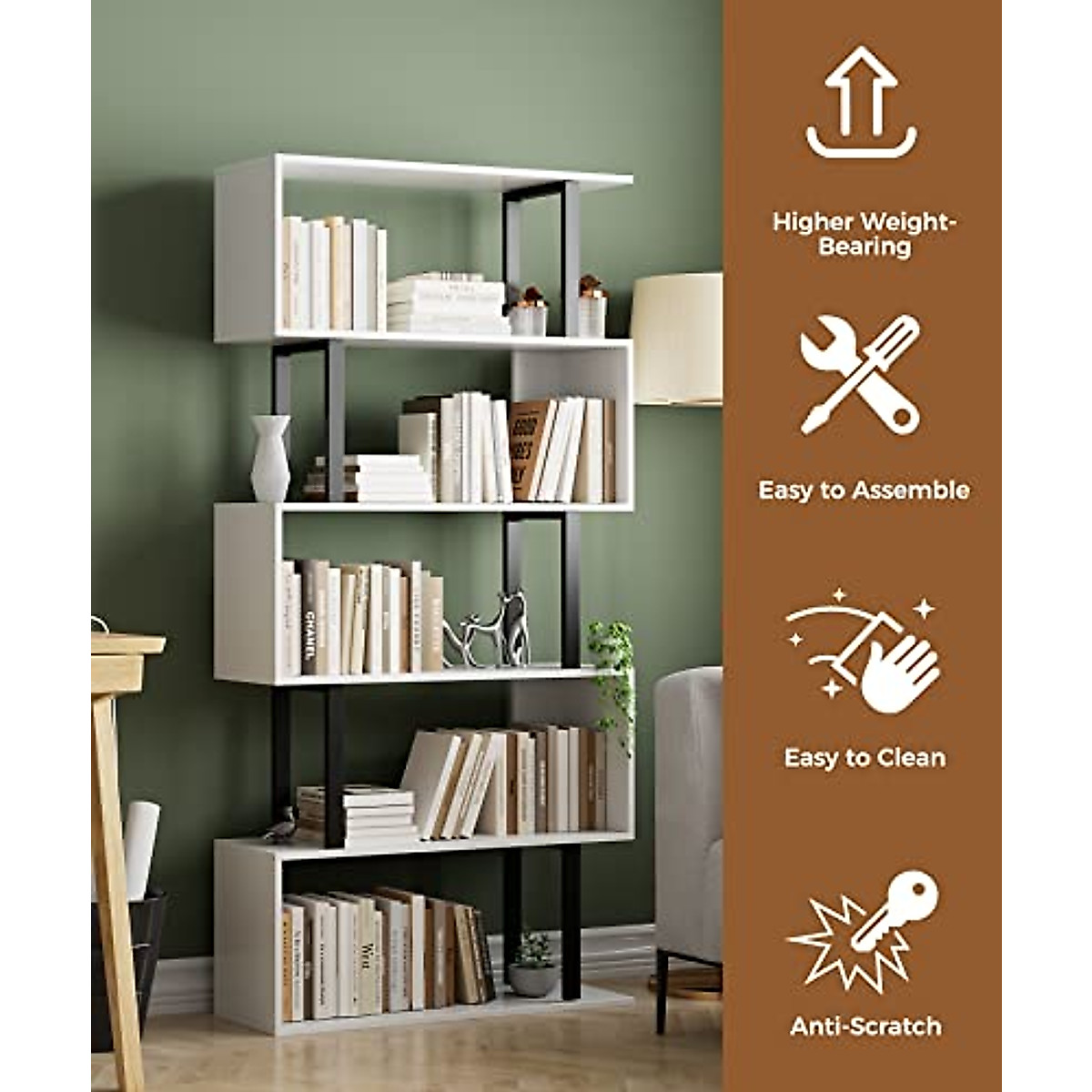 Gadroad 5 Tier Geometric Bookcase, Black and White Book Shelves, Modern Corner Bookcase Storage Shelf Wood for Living Room Home Office (White, 5 Tier)