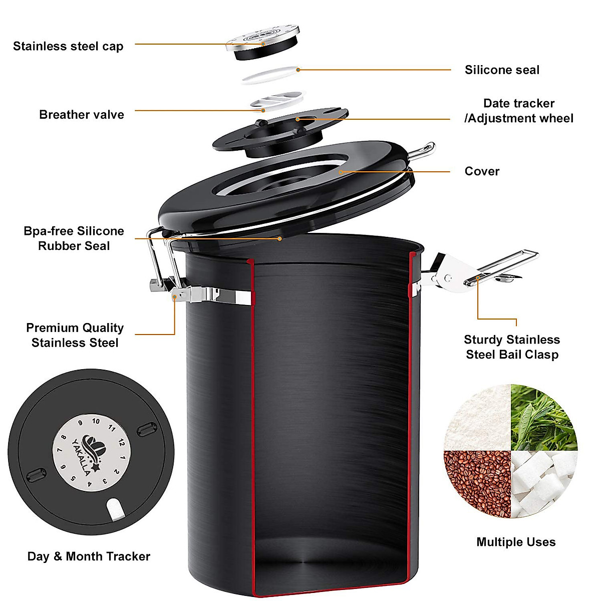 Airtight Coffee Canister, Large Stainless Steel Coffee Bean Storage Container for Kitchen with Date Tracker, Measuring Scoop, One Way Co2 Valve (Extra 6pcs) for Beans, Grounds Tea, Sugar (16OZ, Black)