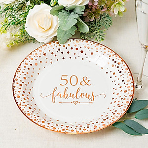 Crisky 50 Fabulous Disposable Plates for Women 50th Birthday Decorations Rose Gold Dessert, Buffet, Cake, Lunch, Dinner Disposable Plates 50th Birthday Party Table Supples, 50 Count, 9 inches