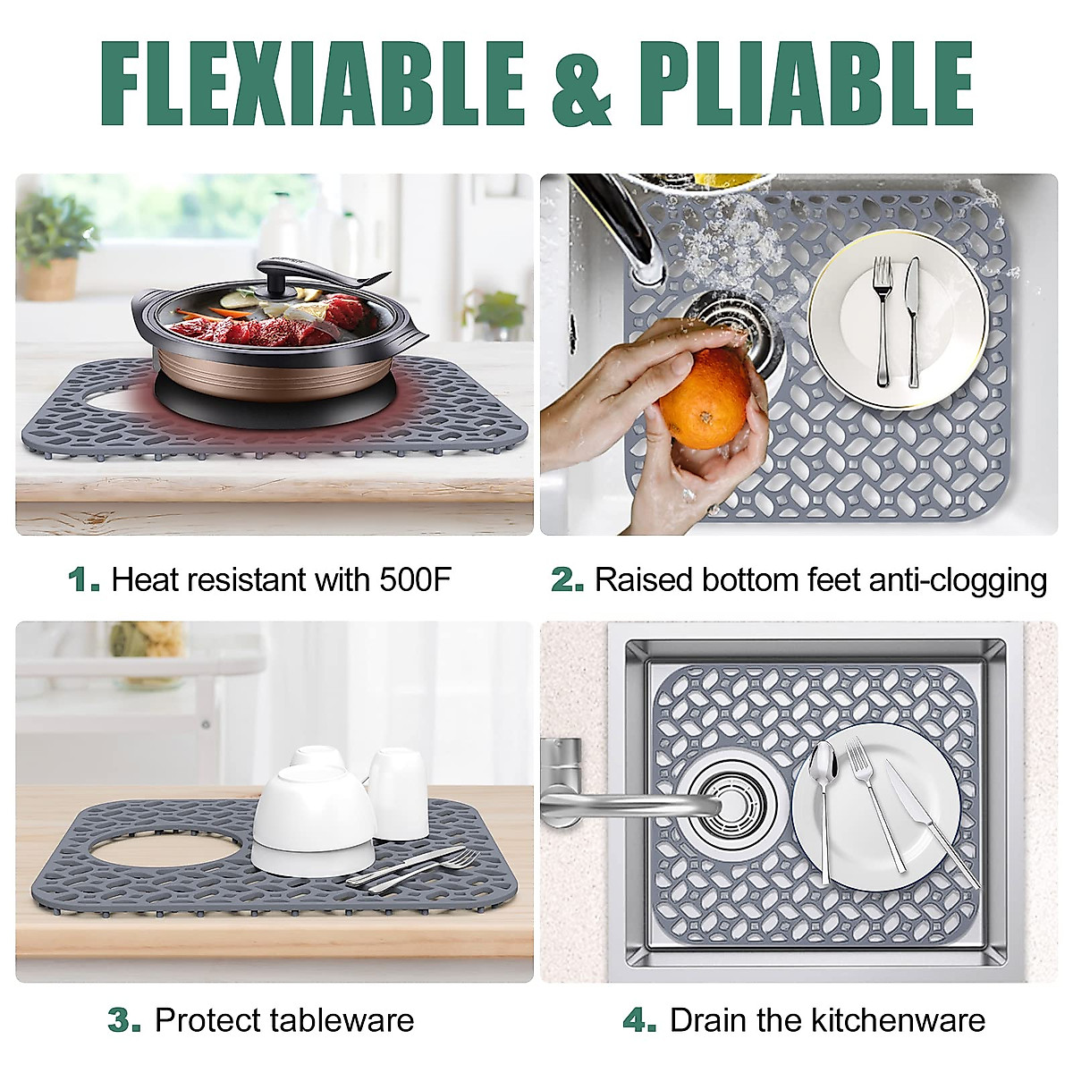 JUSTOGO Silicone Sink Protector, Rear Drain Kitchen Sink Mats Grid Accessory,2 PCS Folding Non-slip Sink Mat for Bottom of Farmhouse Stainless Steel Porcelain Sink (Grey,13.58 ''x 11.6 '')