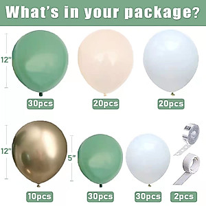 146 Pieces Sage Green Gold Ivory White Balloon Garland Arch Kit, Sage Olive Green Ivory White Gold Balloons Decor Jungle Safari Tropical Baby Shower Birthday Theme Party Decorations Supplies for Boys