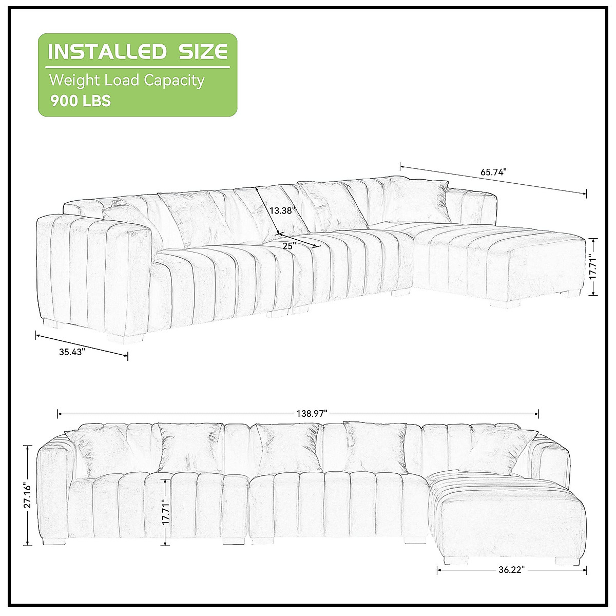 KEVINSPACE 139" Modern Large Velvet Fabric Sectional Sofa, L-Shape Couch 5-Seat Couch with 5 Same Color Pillows, Extra Wide Chaise Lounge for Living Room, Apartment, Office,Beige Right Facing