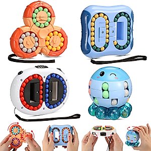 4 Pcs Rotating Bean Toys Set, Spinner Toys 2 in 1 Learning and Education Rotating Bean Cube Puzzle Stress Relief Gift for Kid Boy Girl Student Birthday Gift Classroom Prize(Cute)