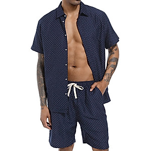 PASOK Men's Floral 2 Piece Tracksuit Casual Button Down Short Sleeve Hawaiian Shirt and Shorts Suit (2XL, DC10)