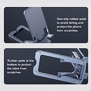 DTech Foldable Cell Phone Stand Holder Aluminum Adjustable Height Nonslip Adhesive Portable Cellphone Cradle for Desk Office Table Home Travel Mobile Smartphone - Gray
