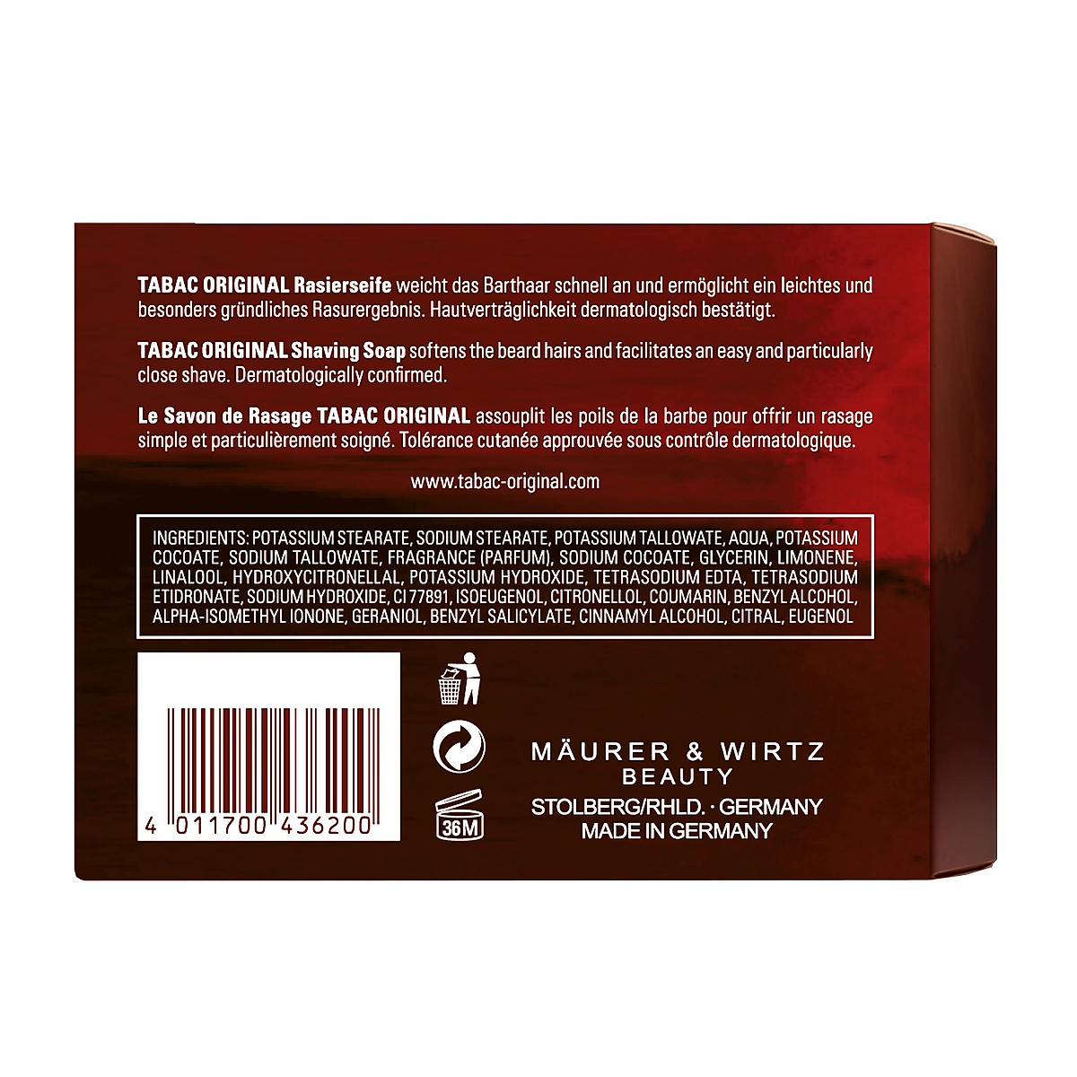 Tabac Original By Maurer & Wirtz For Men. Shaving Soap Bowl 4.4 Ounces