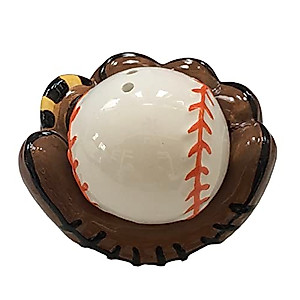 Baseball Glove & Base Ball with Stitching {Real Look} Salt and Pepper Shakers, Catchers Mit 3-1/4" Premium Quality Glazed Ceramic