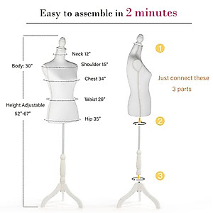 Dress Form Mannequin Torso, Female Sewing Bust Manikin Body, Pinnable Dressmaker Form with Stand for Display, Clothing Design, White