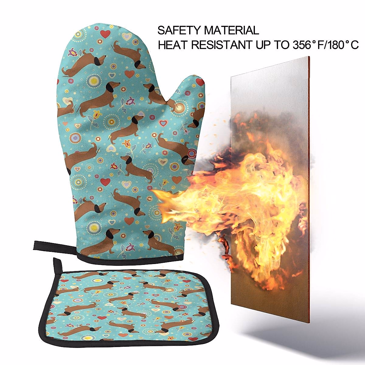 Oven Mitt and Pot Holders, 2 Piece Set, Dachshunds On Turquoise Floral Background Cotton Lining Waterproof BBQ Gloves