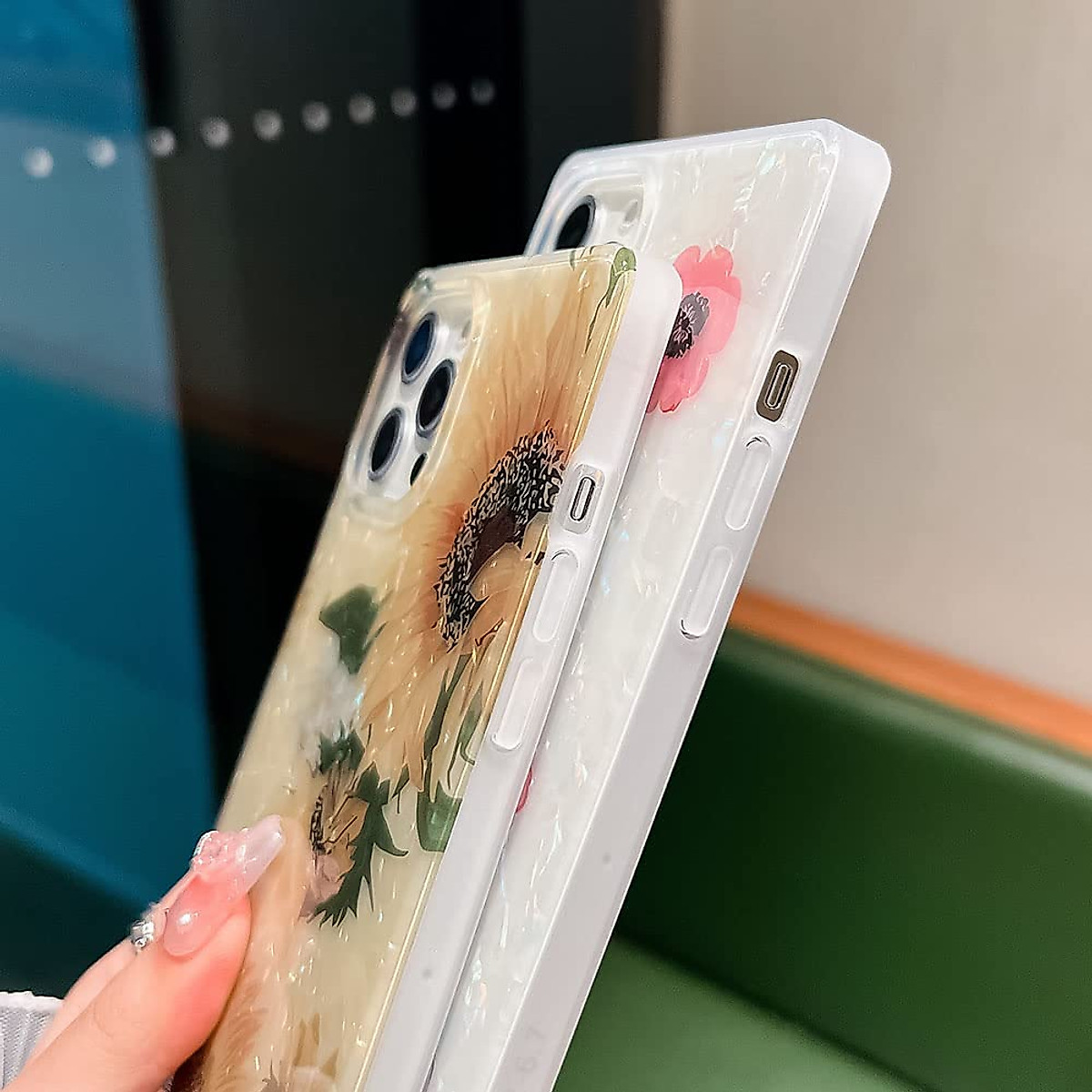 KERZZIL Square Edge Compatible with iPhone 13 Pro Max Mother-of-Pearl Case,Chic Slim Sunflower Pattern Soft TPU Silicone Rubber Gel Protective Bumper Cases Cover(Green)