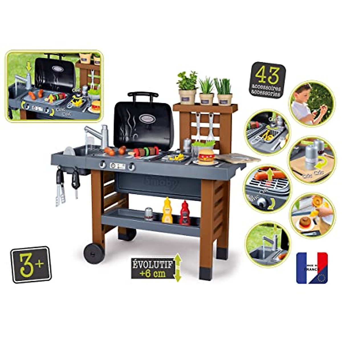Smoby Garden Kitchen - Outdoor 43 Accessory Play Set, Kids Ages 3+, Grill w/Retractable Magic Flames, Fryer & Sink w/Water Pump Function, Pretend Play
