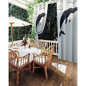 Outdoor Curtains for Patio Cartoon Whale Under the Sea and Clouds Waterproof Privacy Outside Curtains with Tiebacks Grommet Top Pergola Curtains for Porch Cabana Gazebo 2 Panels, 54 x 108 inch