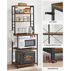 VASAGLE Coffee Bar, Baker’s Rack for Kitchen with Storage, 6-Tier Kitchen Shelves with 6 Hooks, Microwave Stand, Industrial, 15.7 x 23.6 x 65.7 Inches, Rustic Brown and Black UKKS024B01